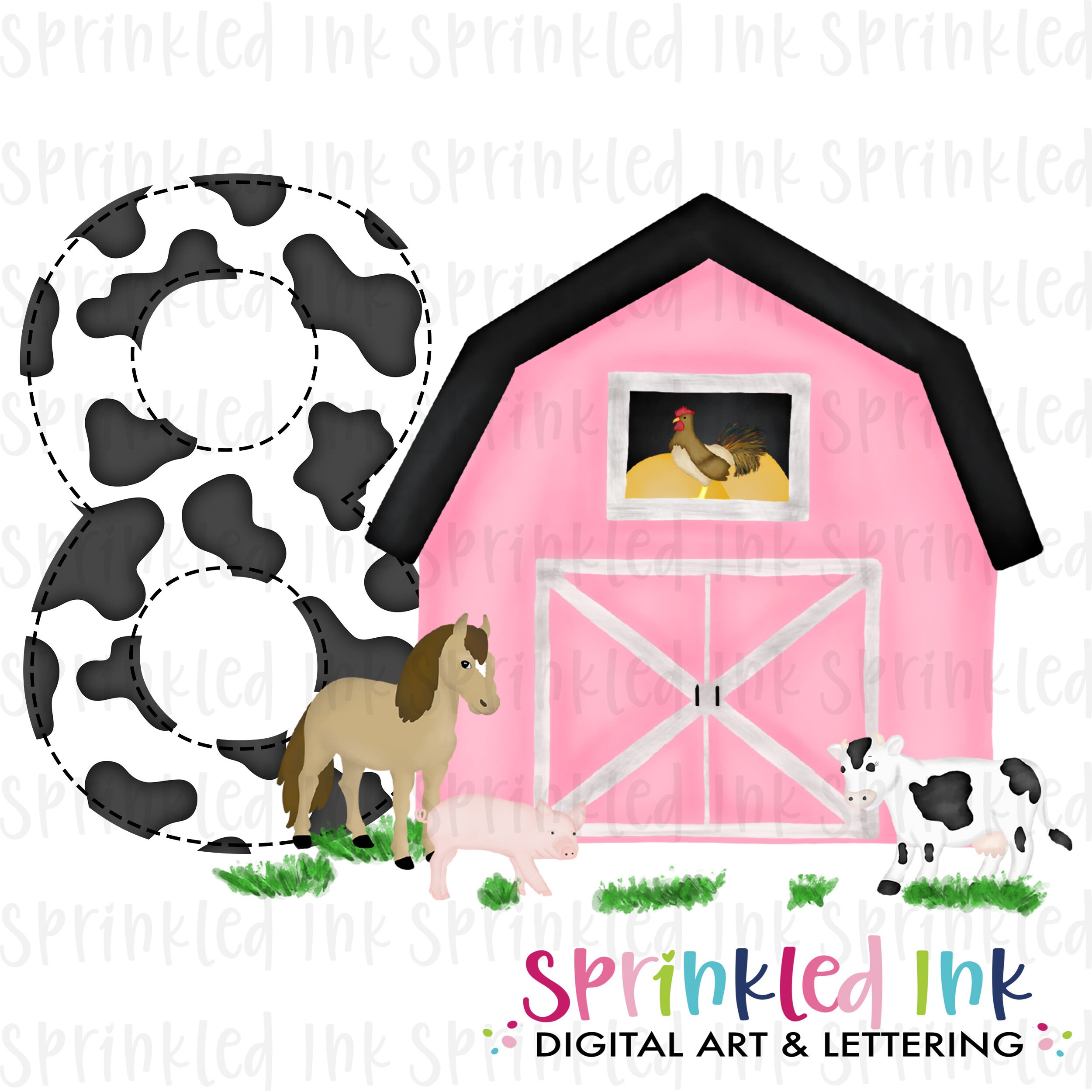 Watercolor PNG PINK EIGHT Birthday Barnyard Farm Download | Etsy