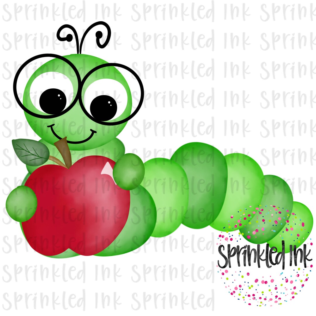 Watercolor PNG Bookworm With Apple Digital Download File - Etsy