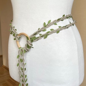 LINEN Uncolored Celtic Long Hand Braided Viking Belt With Green Leaves ...