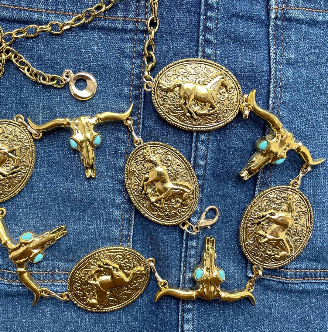 Western Concho Belt, Gold Tone Metal, Oval Horse Concho, Bull Head Faux ...