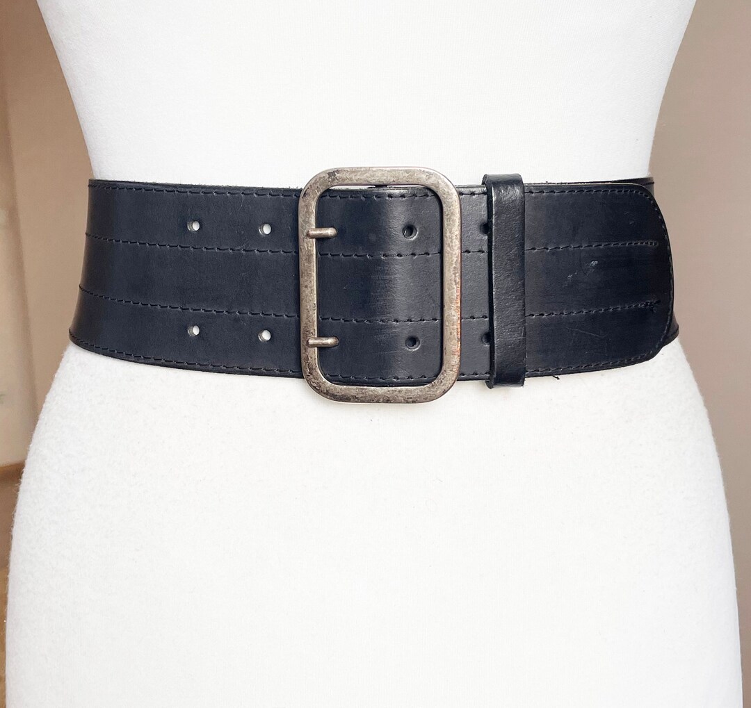 Vintage Wide Double Prong Graphite Black High Low Waist Leather Belt ...