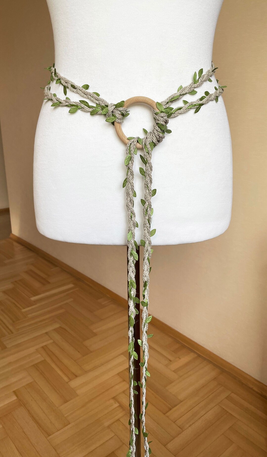 LINEN Uncolored Celtic Long Hand Braided Viking Belt With Green Leaves ...