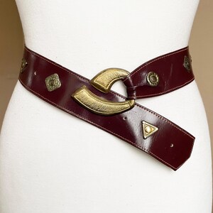 50s 60s Vintage Maroon Wide Leather Belt With Gold Engraved Medallions ...