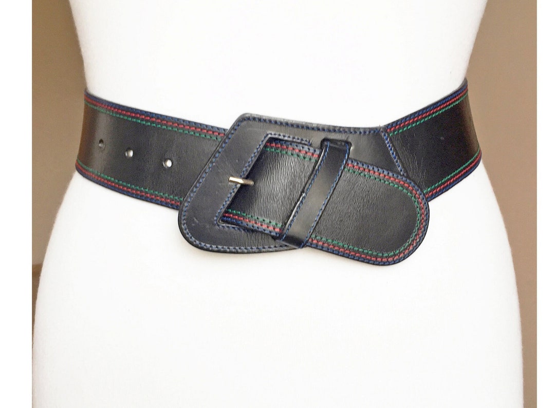 Italian Vintage Black Wide V-shaped Contrast Stitched Leather Belt 24 ...