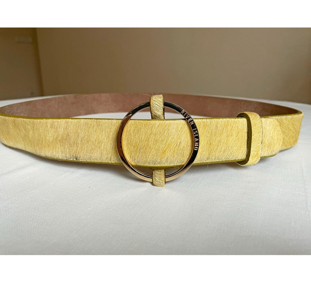 Vintage Cowhide Leather Pastel Yellow Waist Belt With Gold Metal Buckle ...