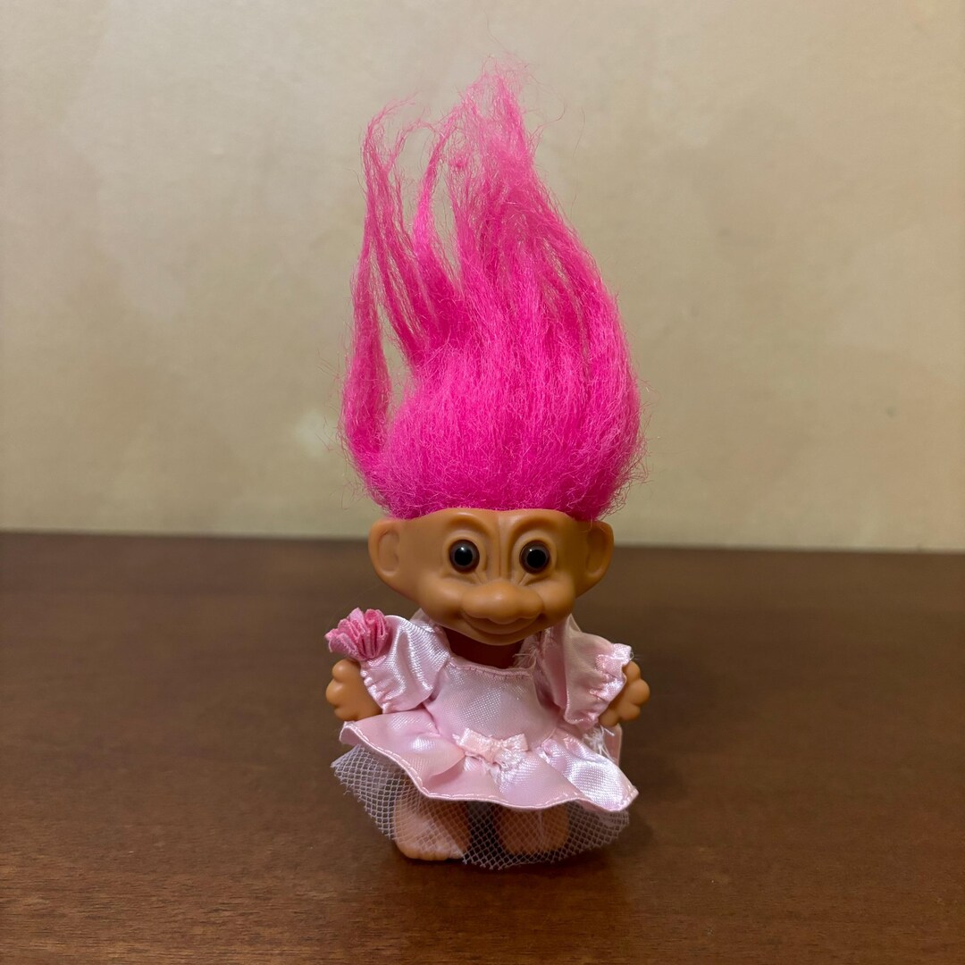 90s Russ 3" Flower Girl Troll Neon Pink Hair, Vtg Party Dress Troll ...