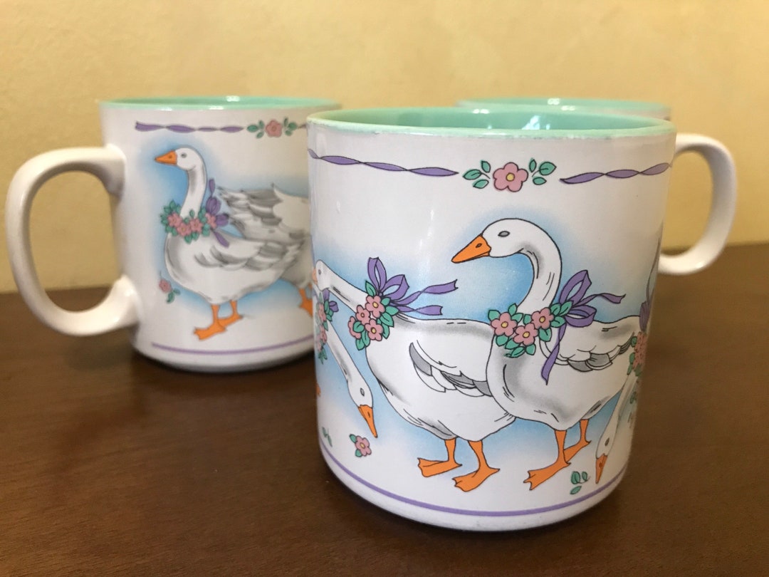 Set of 2 Ribbon Geese Mugs Papel Freelance | Vintage Geese Mugs Teal ...