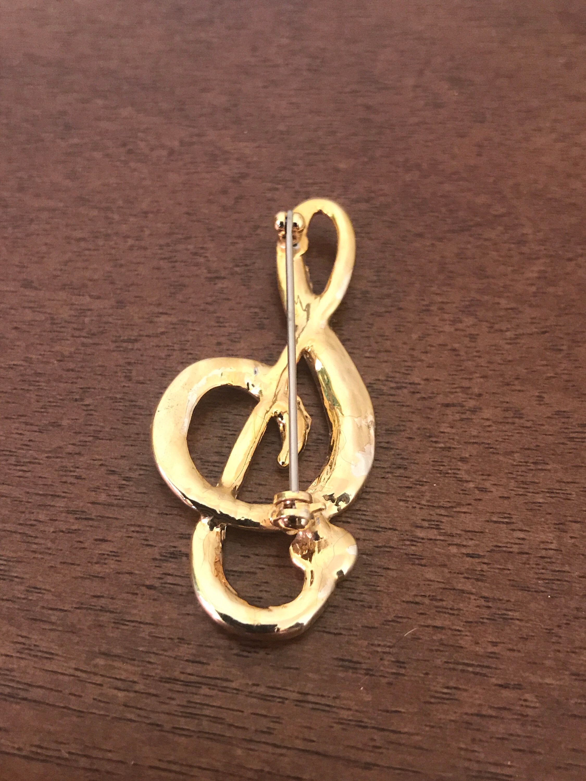 Vintage Gold Tone Treble Clef Brooch With Clear Rhinestones - Vintage ...