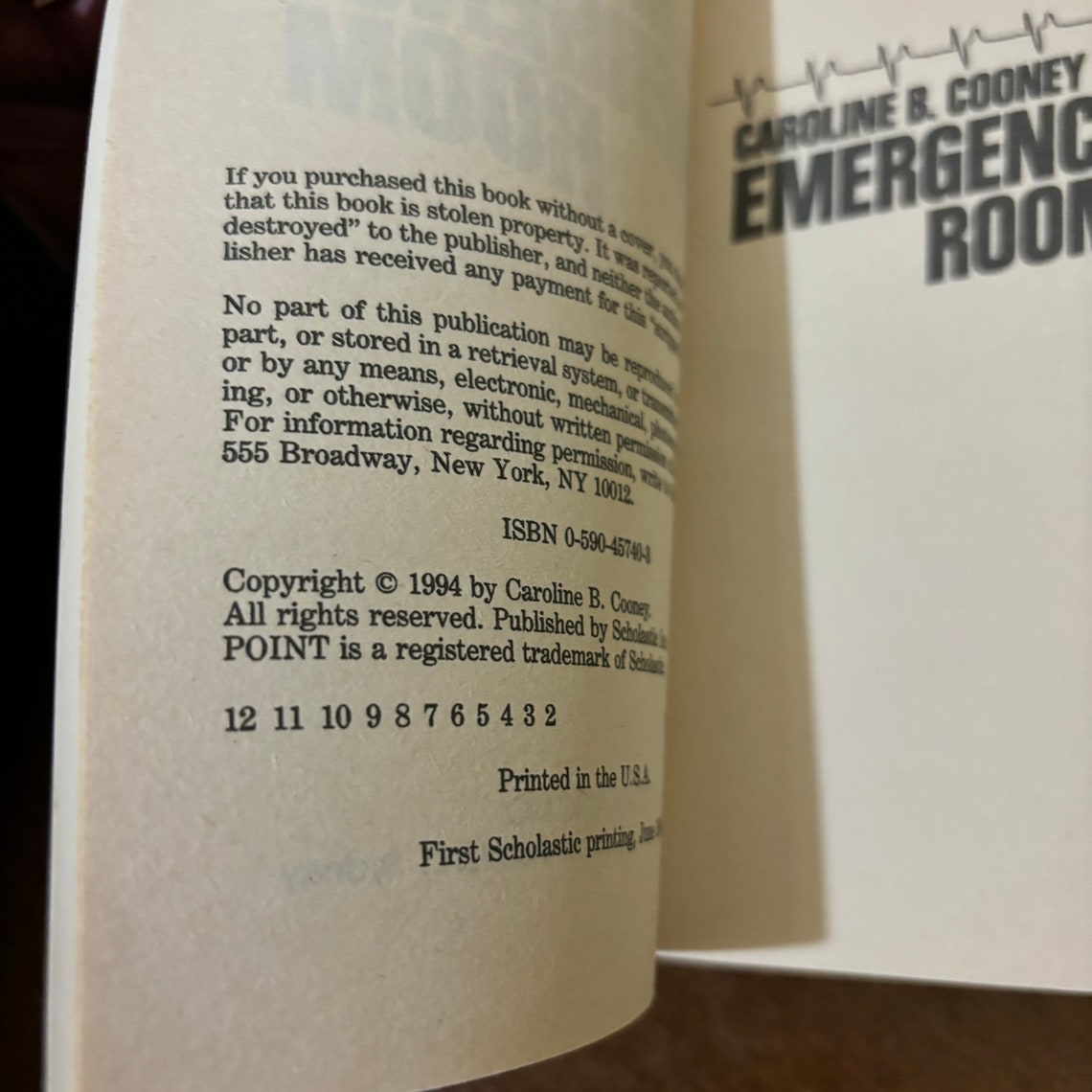 Emergency Room Caroline B. Cooney 1994 Scholastic YA Fiction Paperback ...
