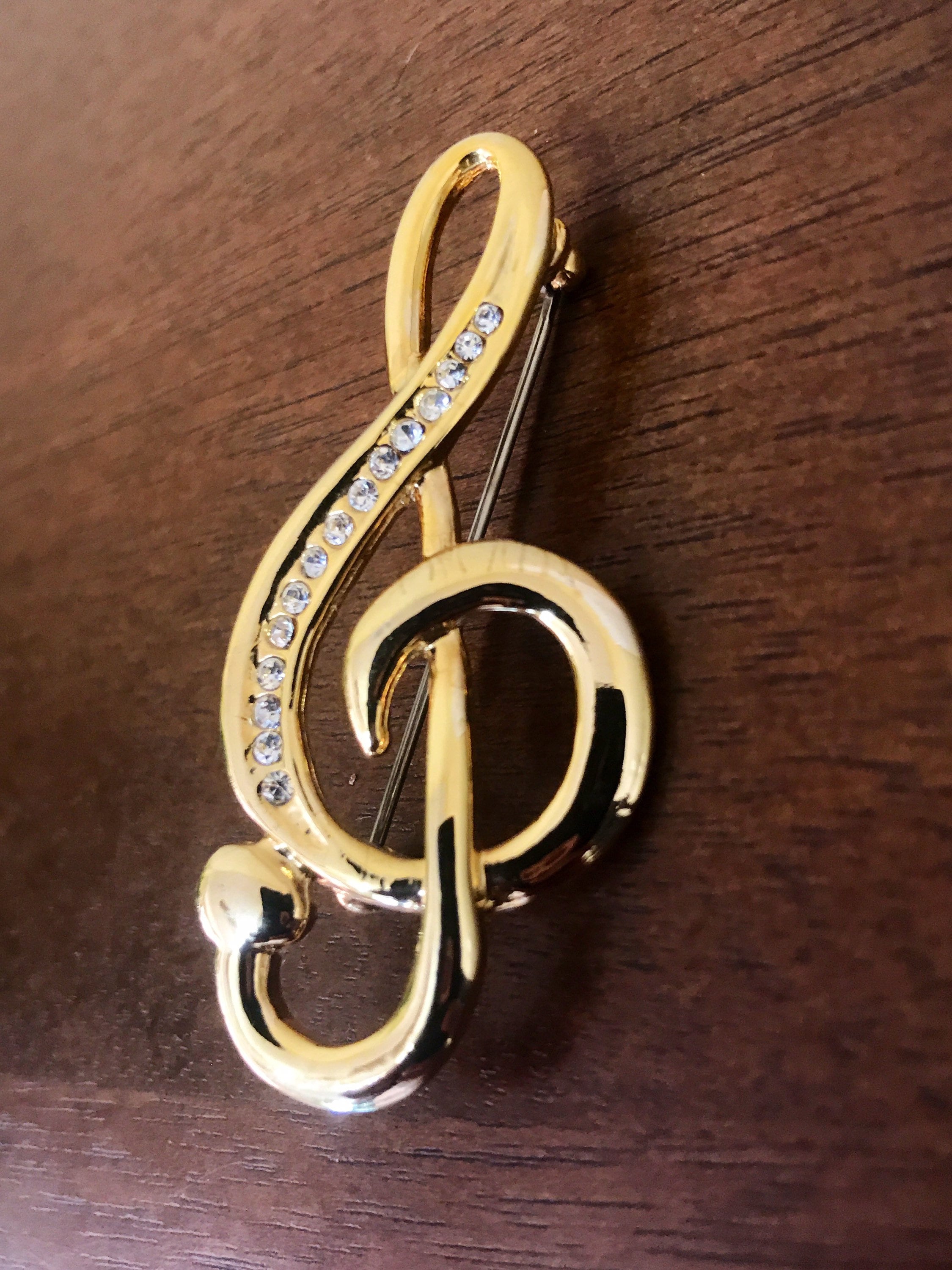 Vintage Gold Tone Treble Clef Brooch With Clear Rhinestones - Vintage ...