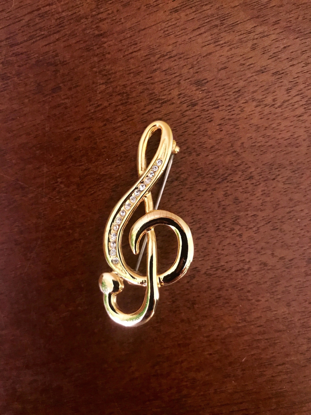 Vintage Gold Tone Treble Clef Brooch With Clear Rhinestones - Vintage ...