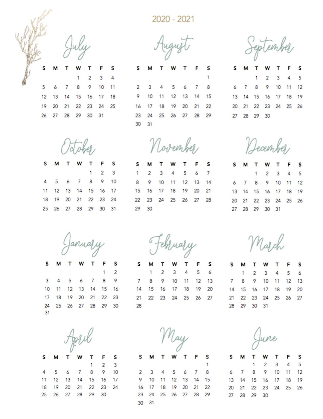 2020 2021 School Year Calendar Digital Download - Etsy Canada