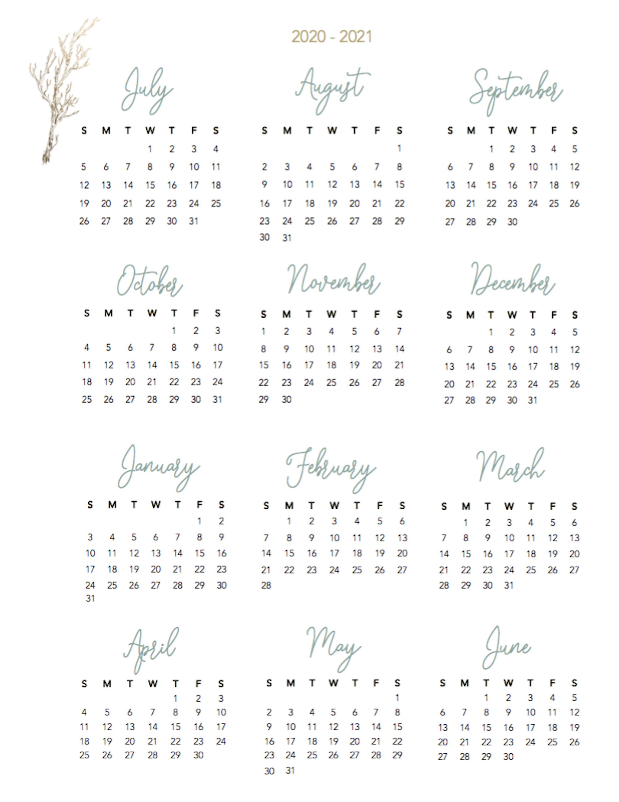 2020 - 2021 School Year Calendar Digital Download - Etsy