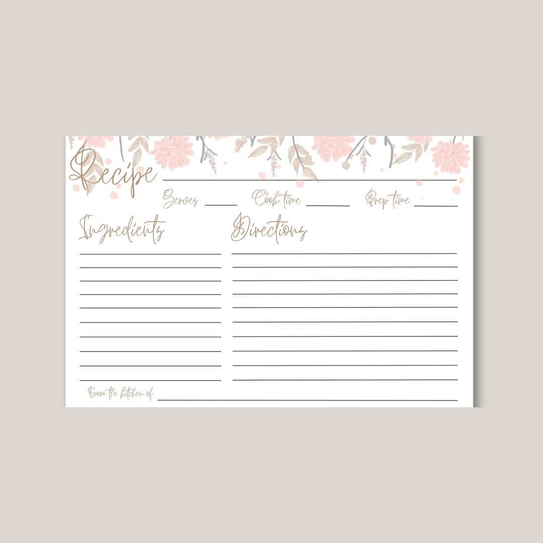 Floral Recipe Card Template, Printable Recipe Card, Pink Floral Recipe ...