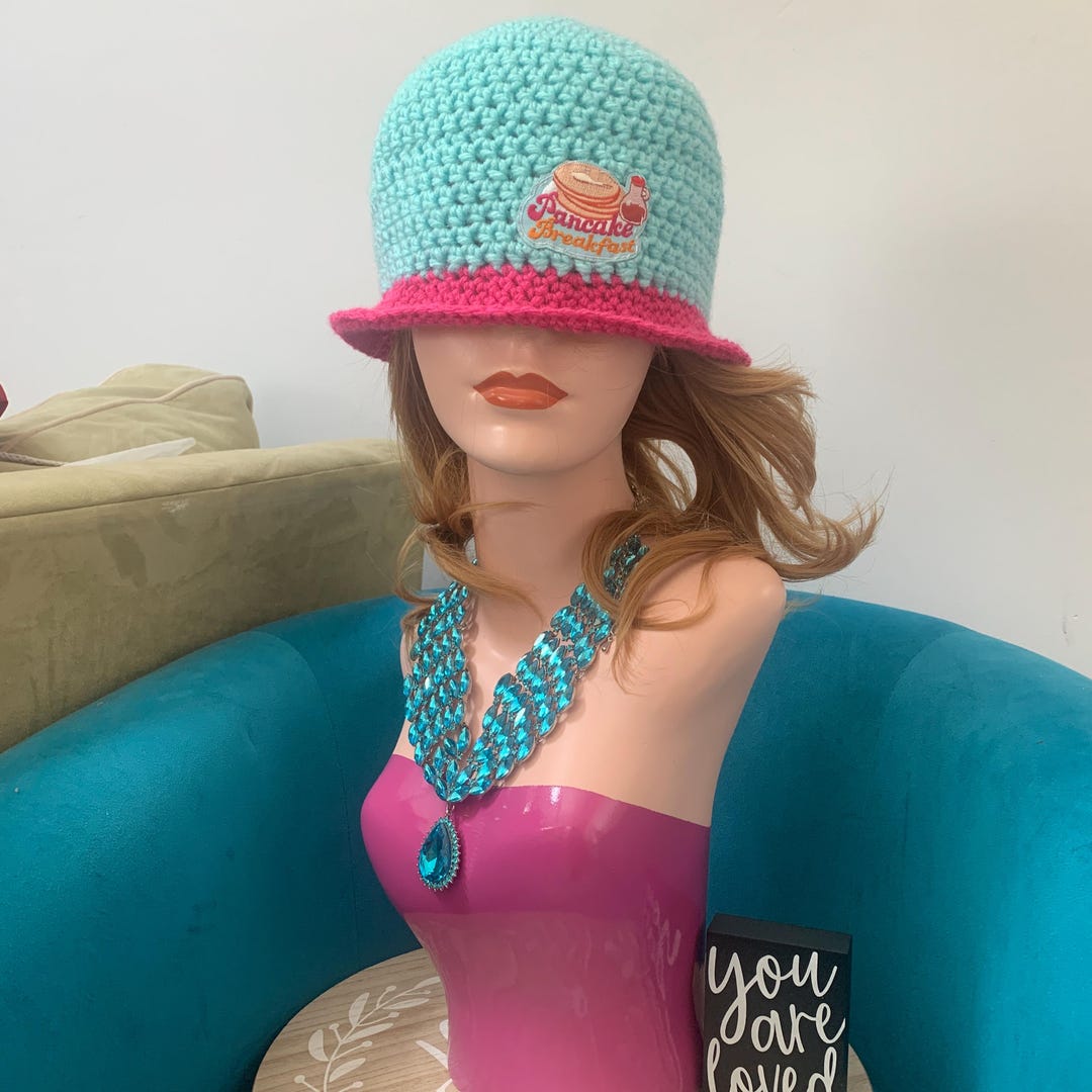 Maple Pancake Breakfast Crochet Bucket Hat – Baby Blue & Pink Handmade ...