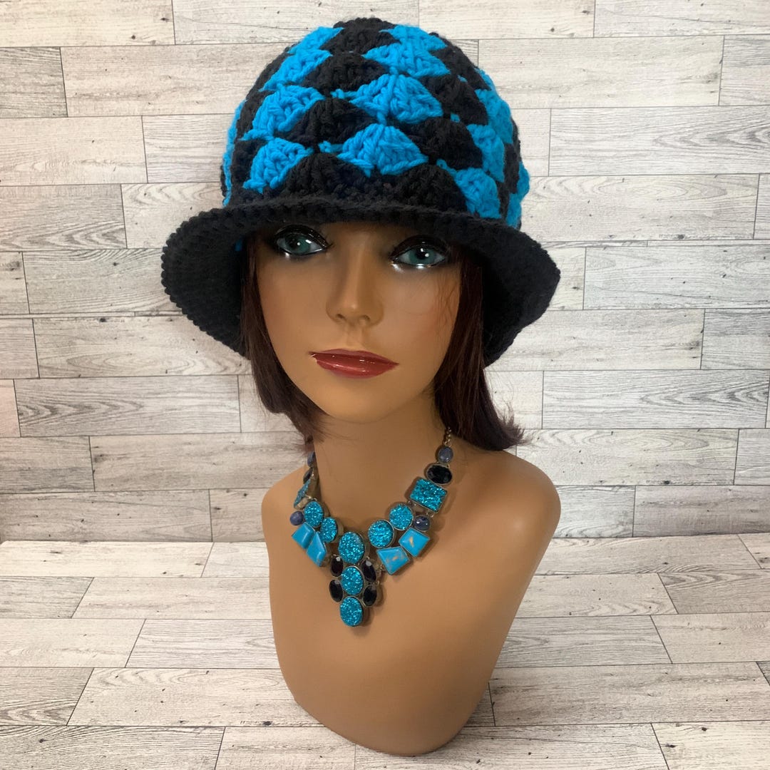 Turquoise Druzy Crystal Inspired Crochet Shell Hat, Turquoise and Black ...