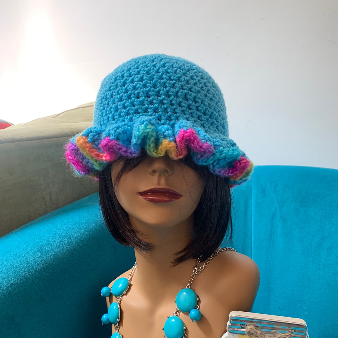 Ailiya in Cyan Blue Crochet Ruffle Bucket Hat Unisex~ready to Ship - Etsy
