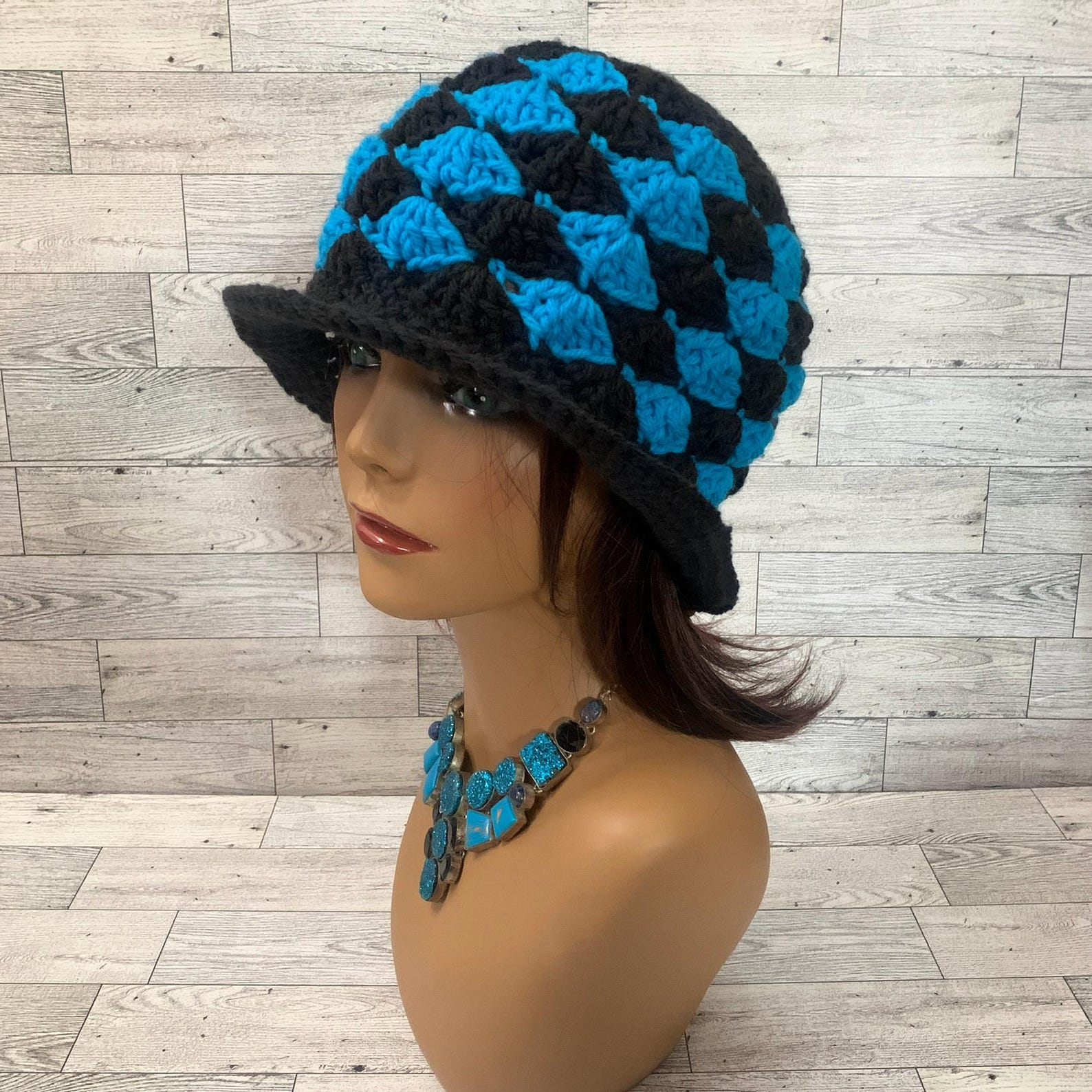 Turquoise Druzy Crystal Inspired Crochet Shell Hat, Turquoise and Black ...