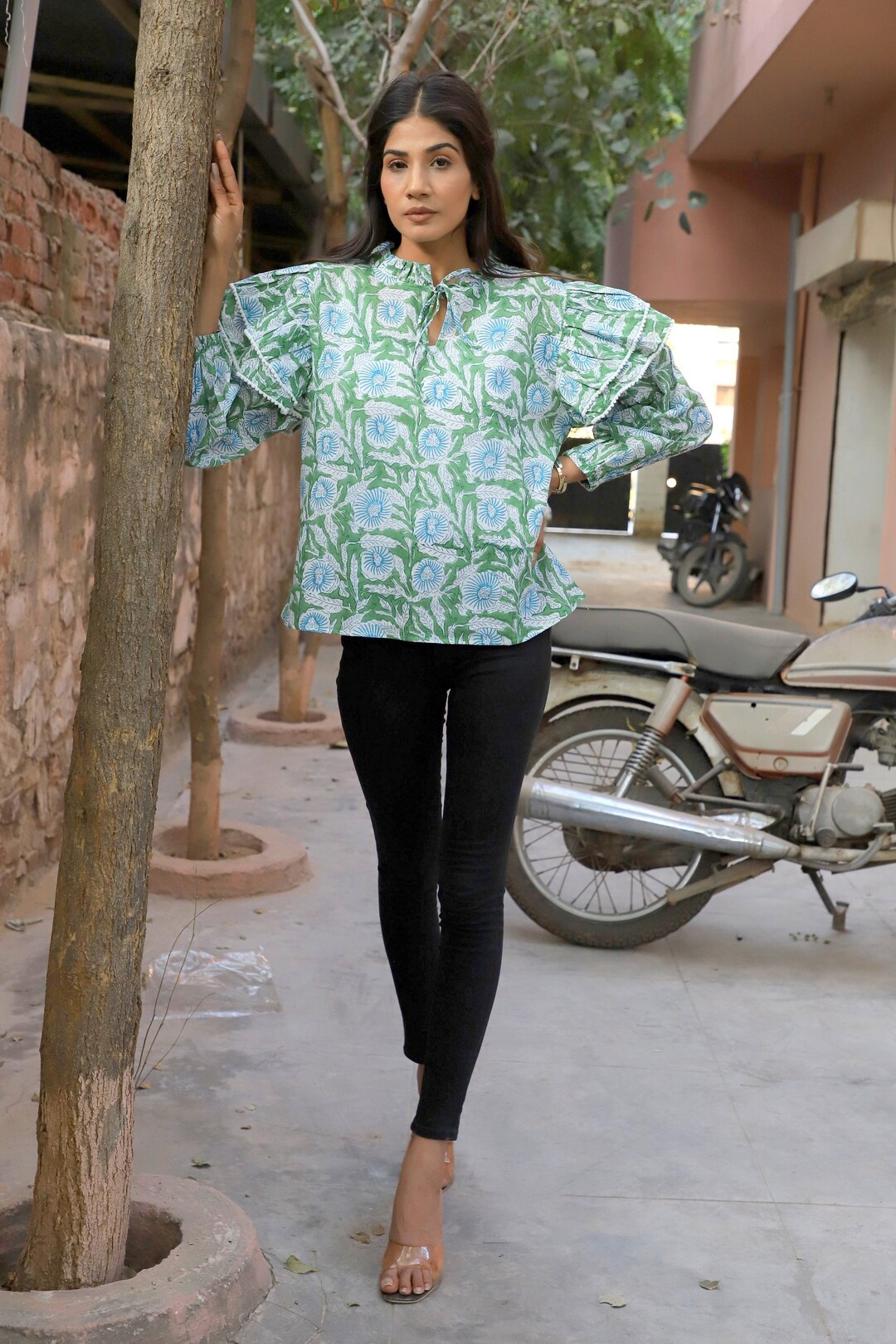 Green Blue Floral Block Printed Blouse Tops - Ruffle Henley Neckline ...