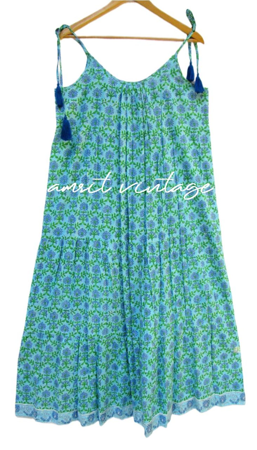 Blue Green Floral Cotton Sundress – Hand Block Printed Tassel Strap ...