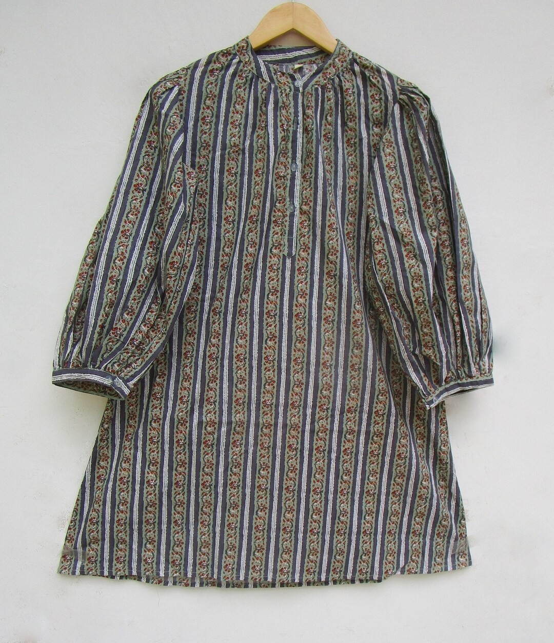 Floral Hand Block Printed Cotton Mini Kurtis Dress Collared Neckline ...