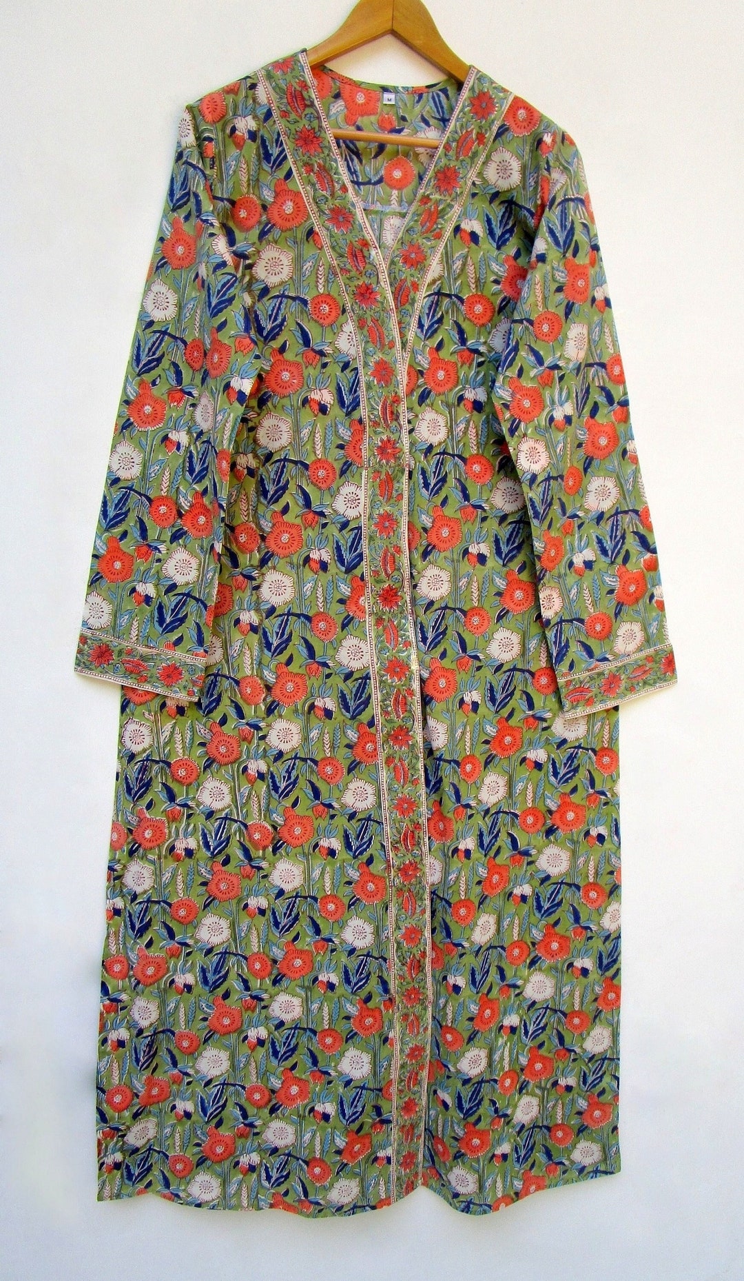 90's Floral Look Printed Indian Style Long Summer Robes V Neckline ...
