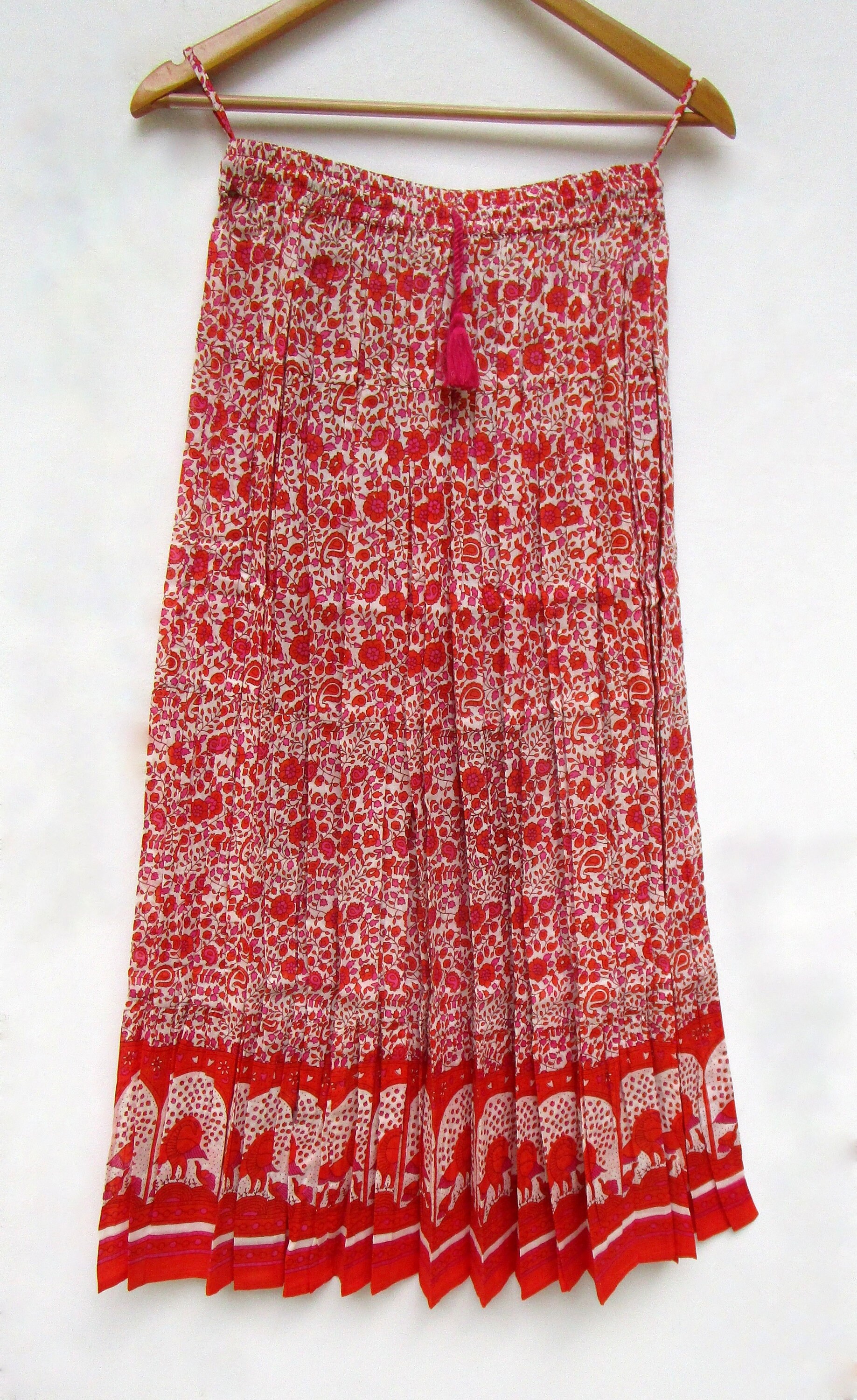 Orange-pink Screen Printed Cotton Long Summer Maxi Skirts - Broomstick ...