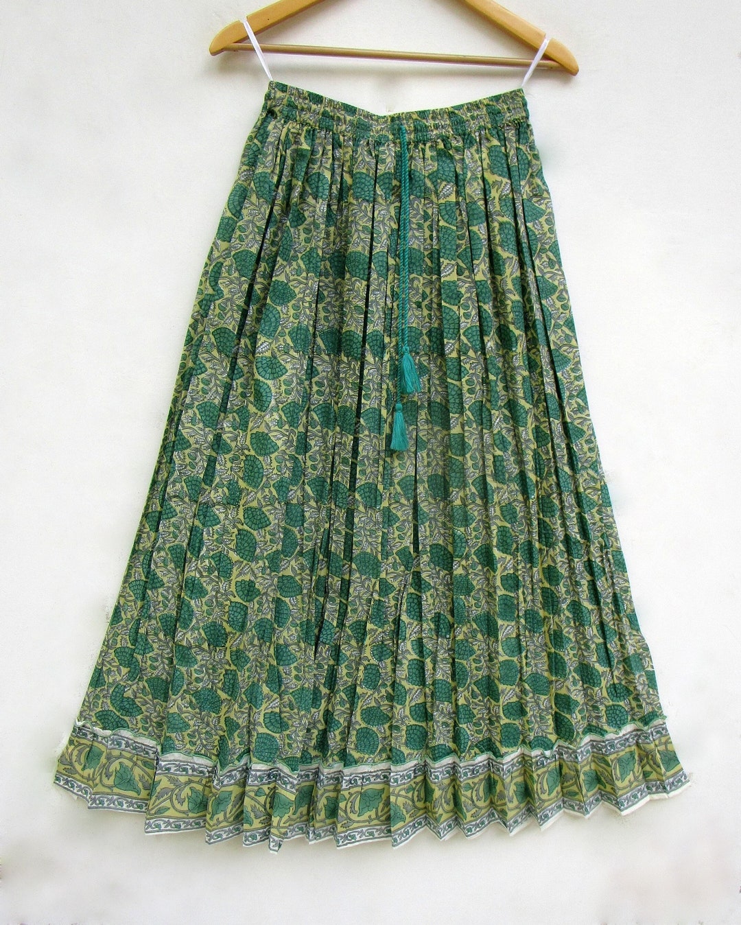 Yellow Green Block Printed Floral Cotton Bohemian Maxi Skirt - With ...