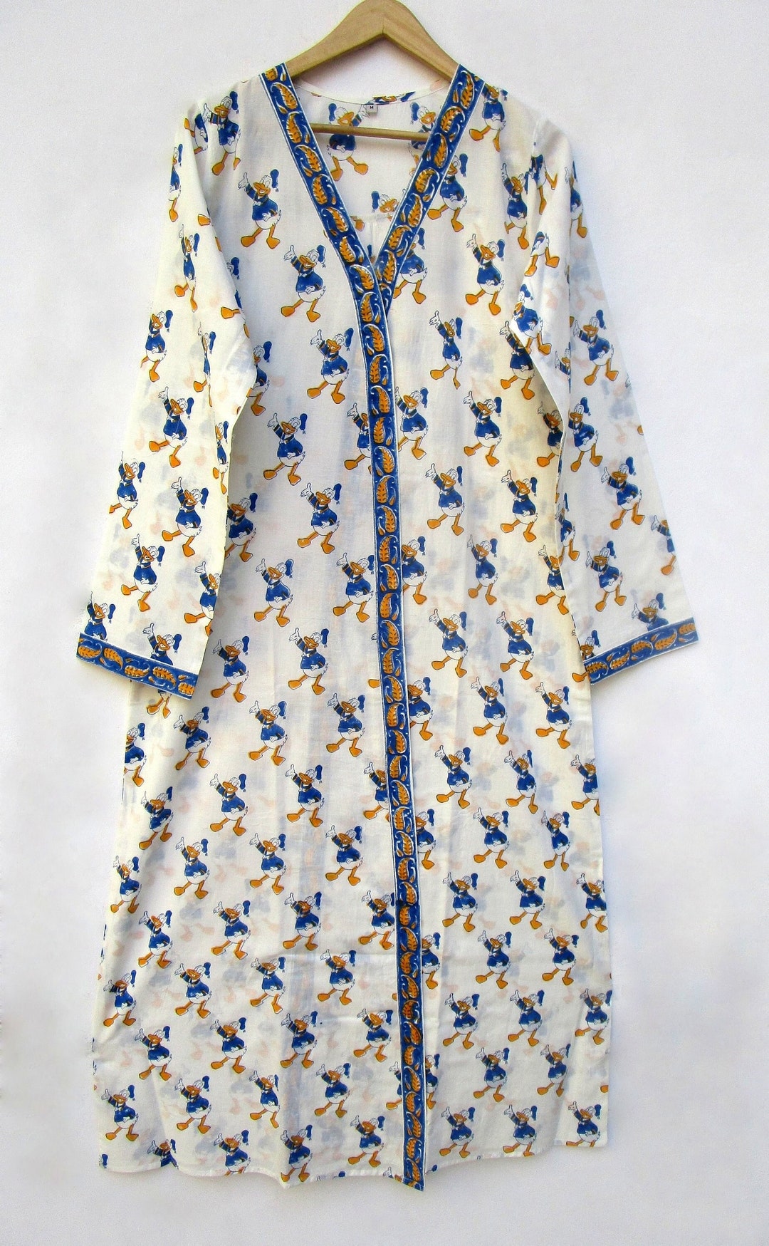 Bird Printed Cotton Long Robes Night Wear V Neckline With Belt Robes ...