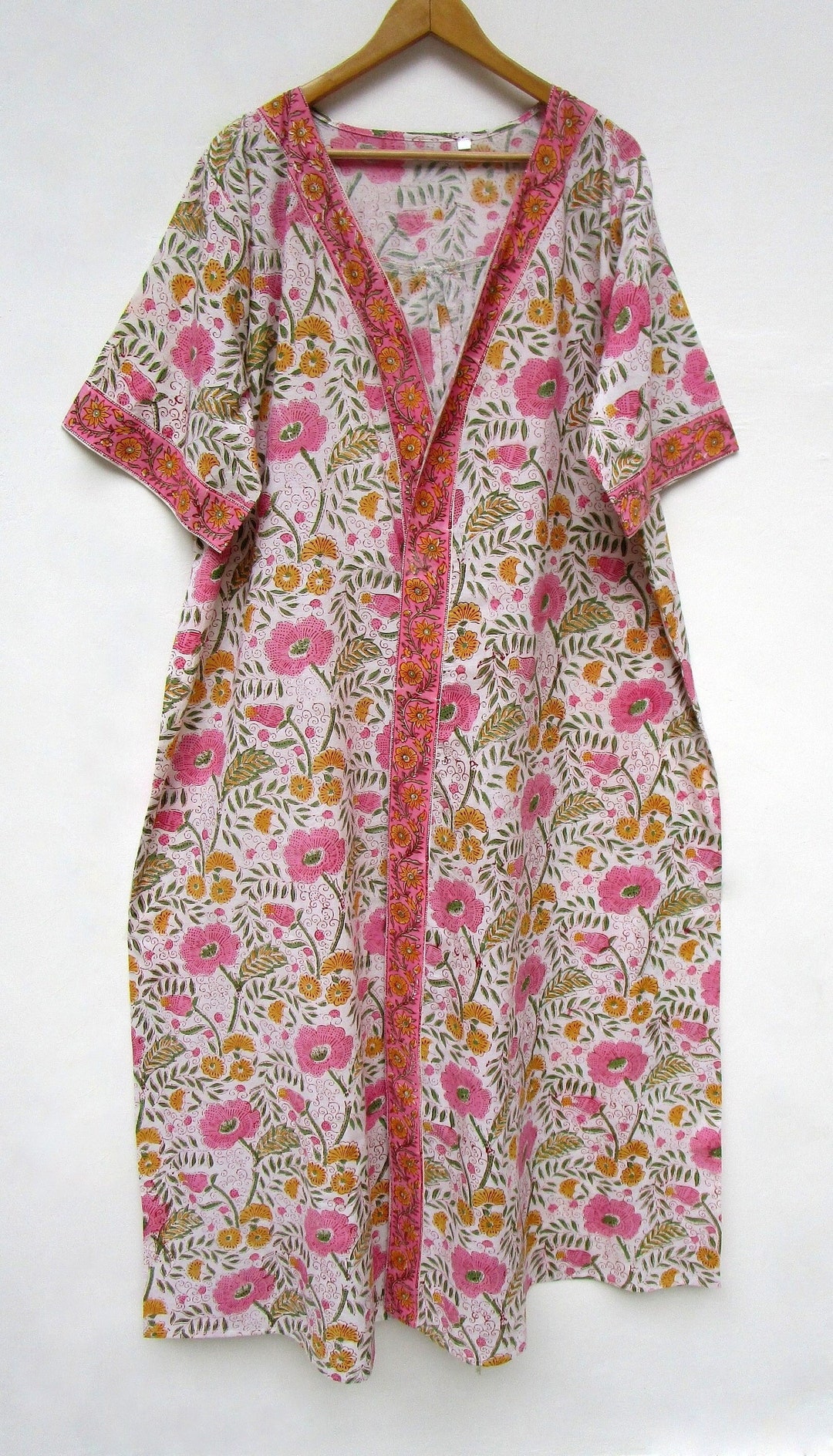 Flower Hand Block Printed Designs Long Women Robes V Neckline Summer ...