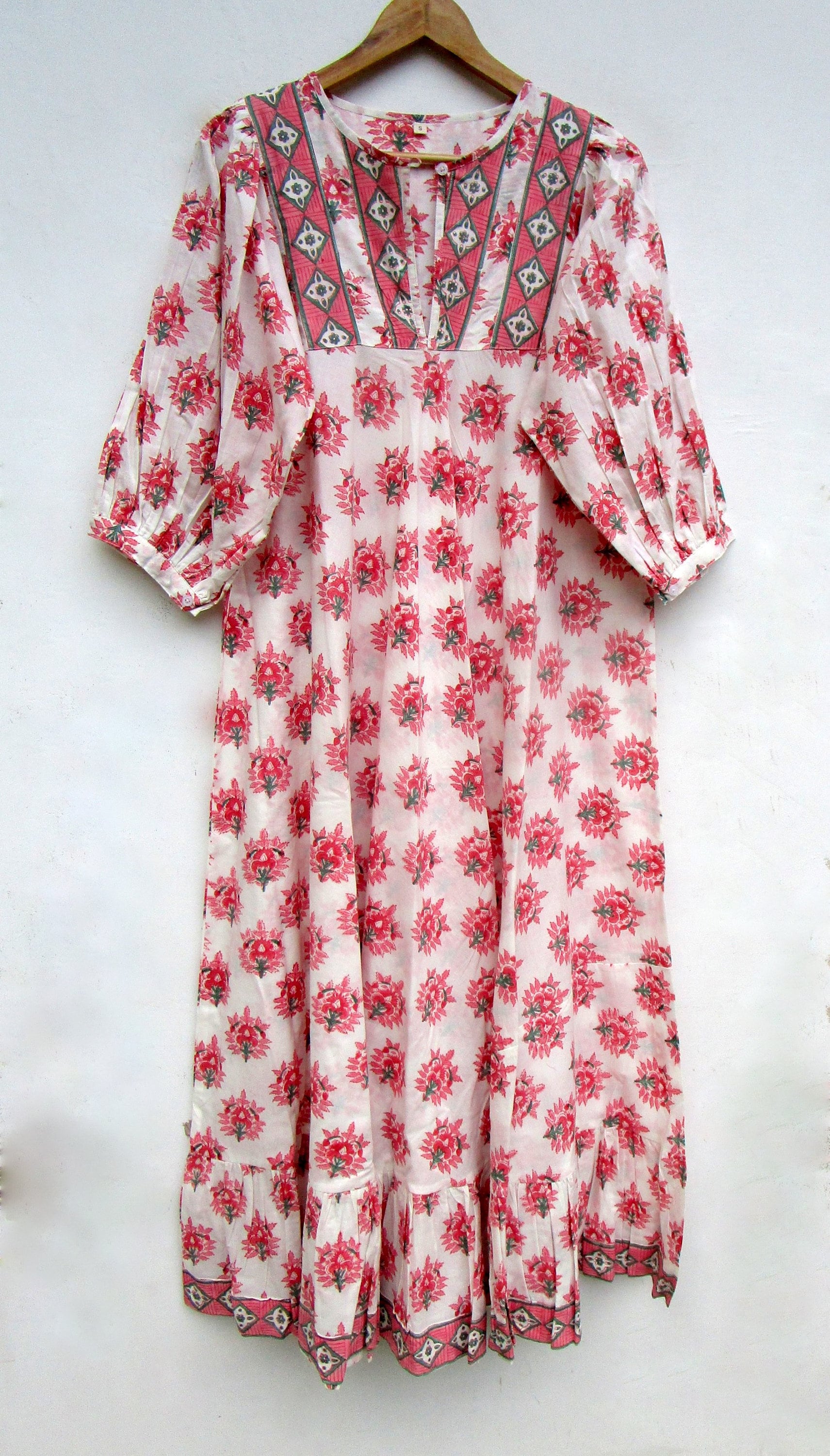 Pink Floral Block Print Cotton Maxi Dress – Puff Sleeve Boho Long Dress ...