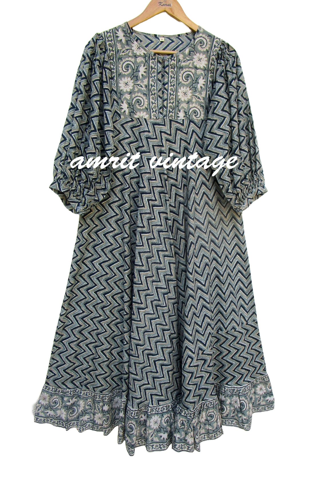 Boho Zigzag Block Printed Cotton Maxi Dress – Floral Yoke Long Dress ...