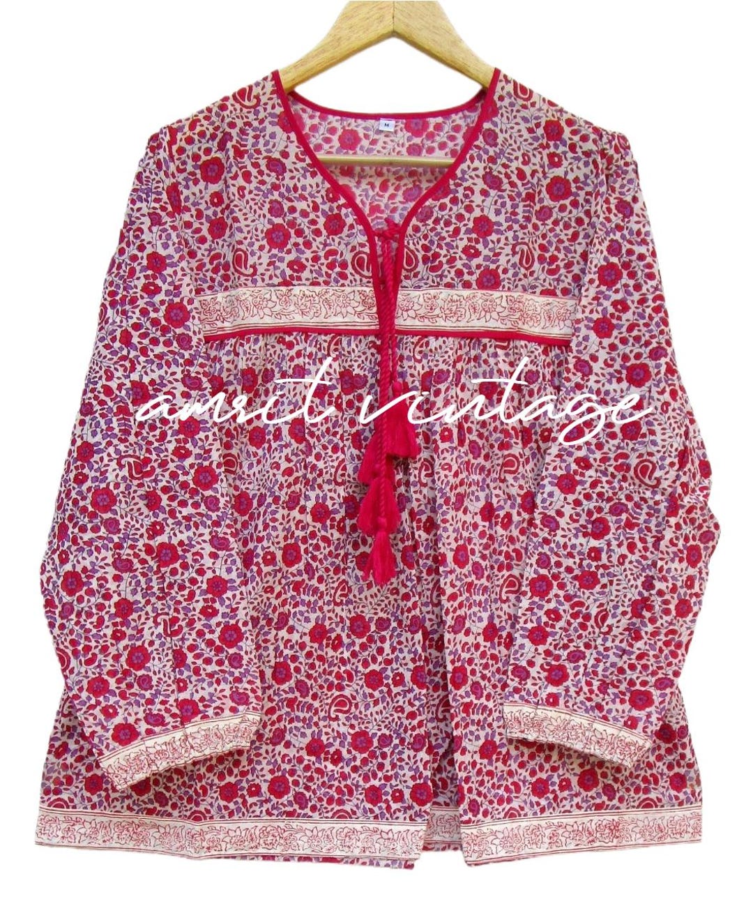 Red Floral Hand Block Printed Cotton Boho Blouse – V Neck Long Sleeve ...