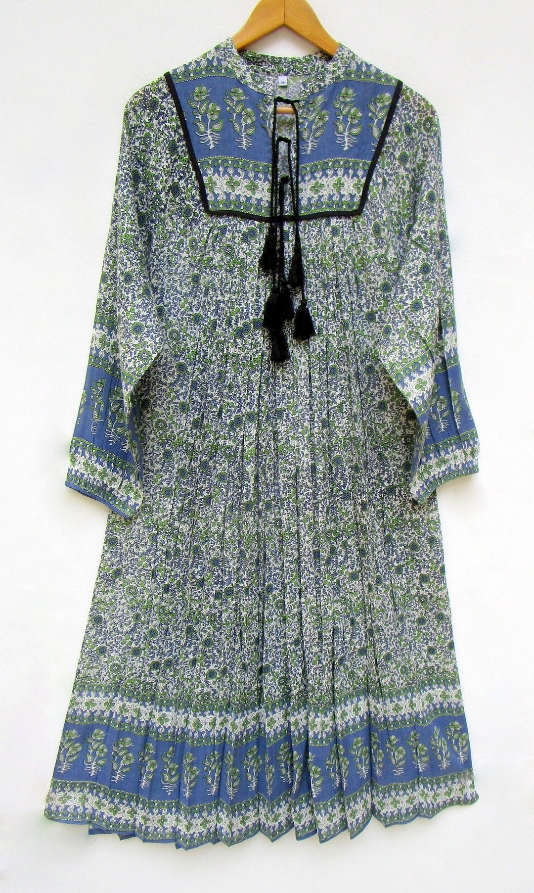 Traditional Rayon Printed Long Maxi Dress Collared Neckline With Tassel ...