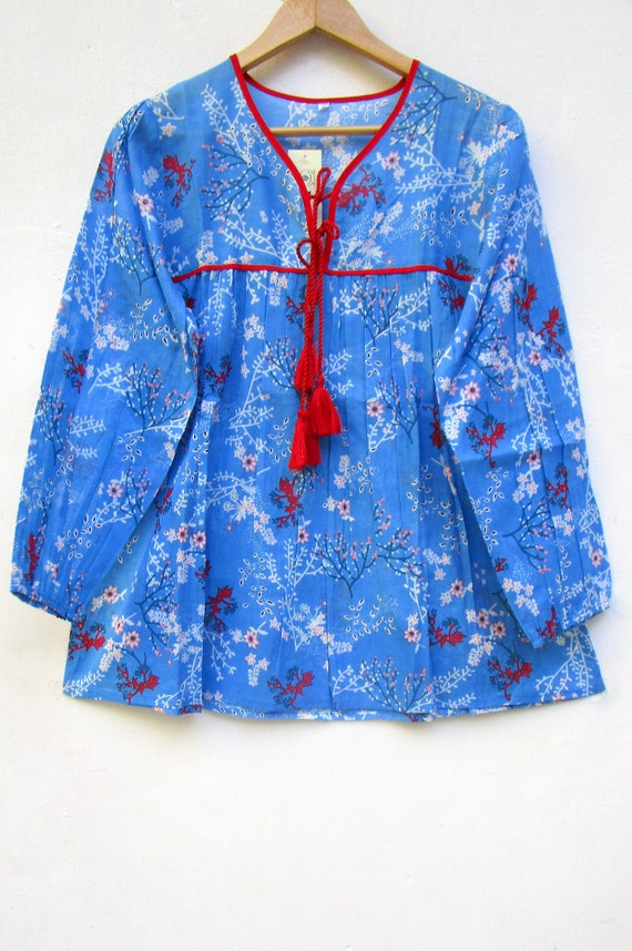 Summer blue plants printed cotton boho blouse and tops v | Etsy