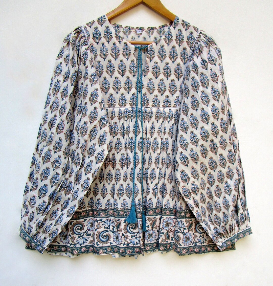 Travel Wear Block Printed Cotton Blouse Tops Henley Neckline With ...