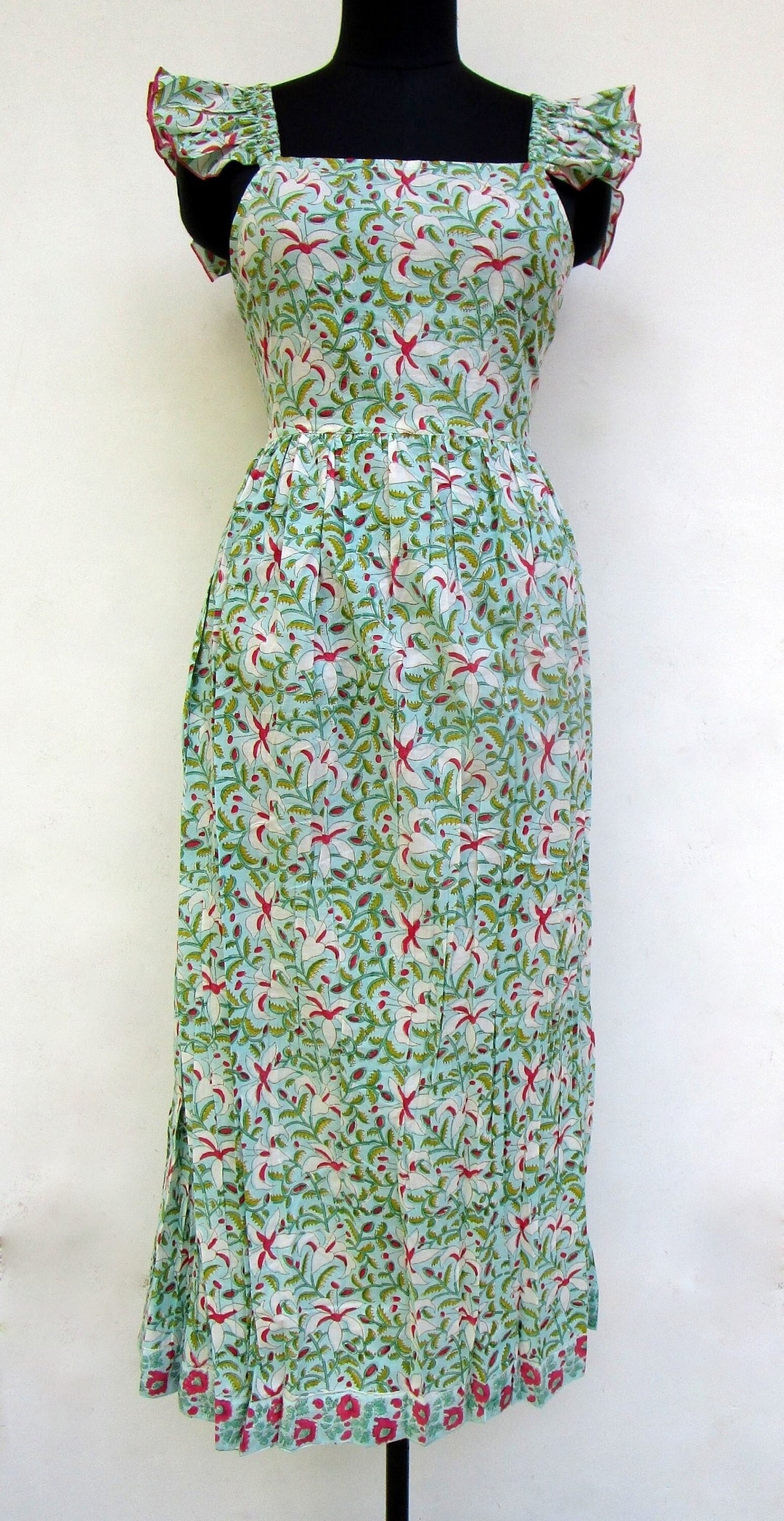 Green Floral Hand Block Printed Bohemian Jacqueline Long Maxi Dress ...