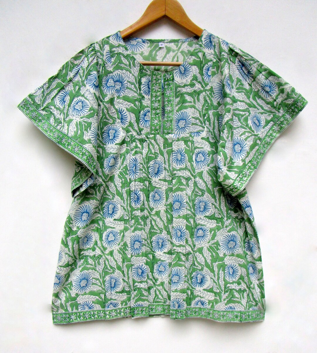 Green Block Printed Cotton Floral Blouse Tops - Split Neckline Bohemian Blouse - Short Kimono ...