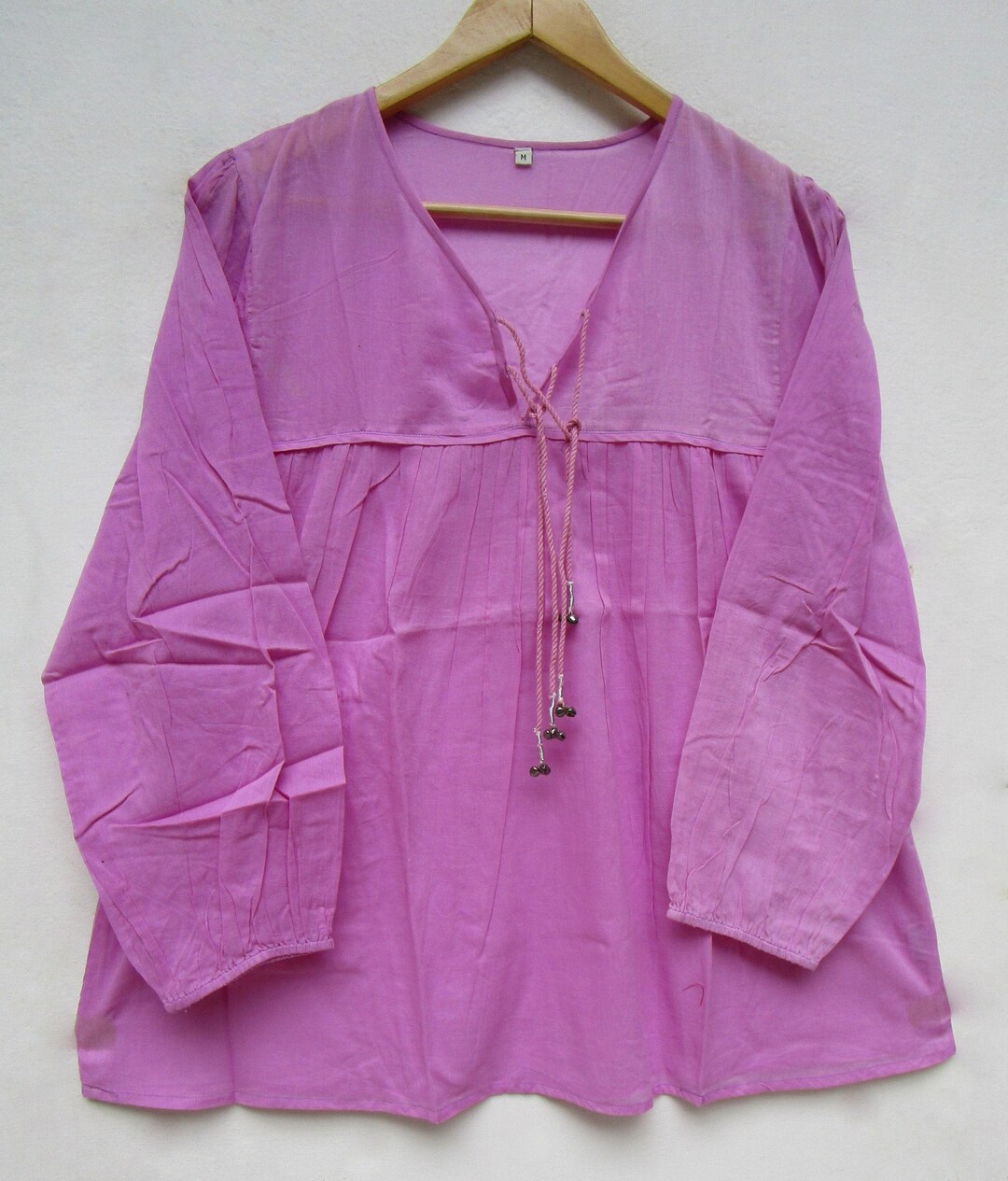 Solid Purple Color Summer Blouse and Tops V Neckline With Tassel ...