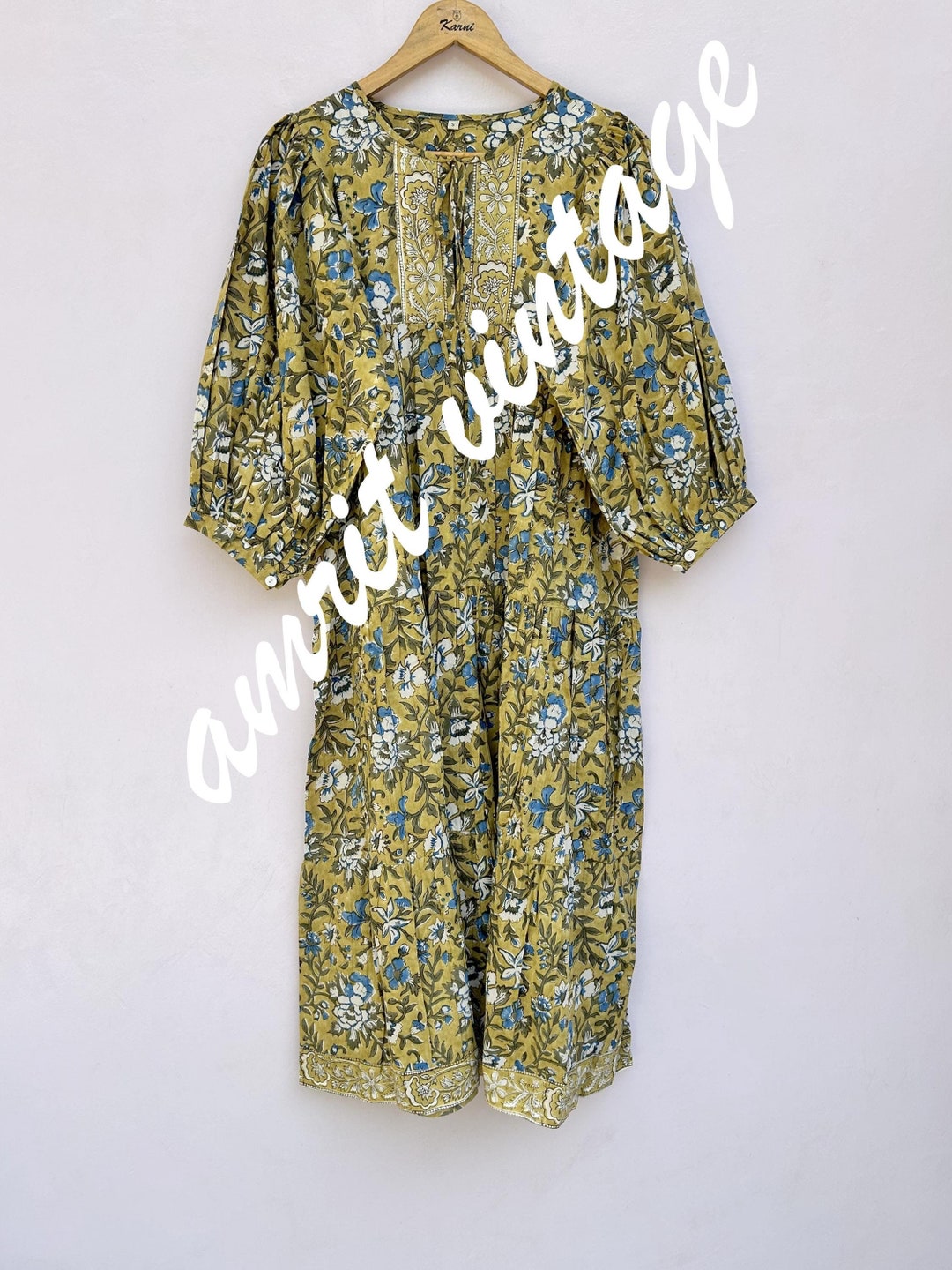 Summer Yellow Blue Floral Block Printed Cotton Maxi Dress - Hanley ...
