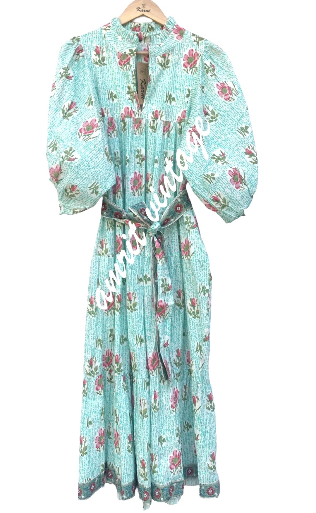 Teal Hand Block Printed Cotton Maxi Dress With Frill V Neck and Balloon ...
