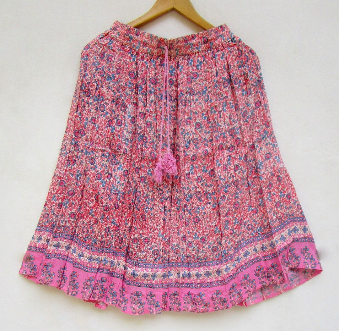 Pink Floral Bunches Screen Printed Rayon Mini Skirts - With Tassels ...