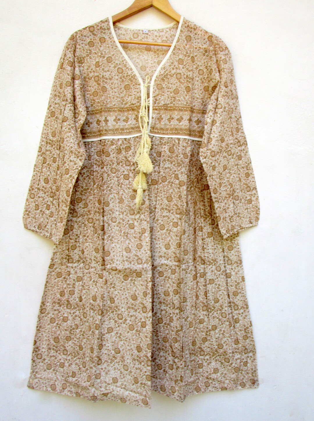 Beige Floral Screen Printed Cotton Mini Maxi Dress - V Neckline With ...