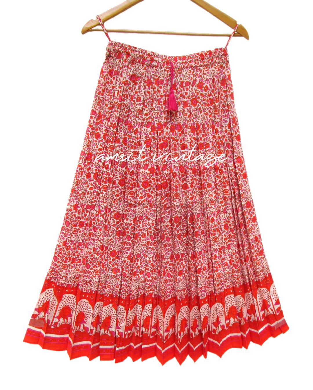 Orange-pink Screen Printed Cotton Long Summer Maxi Skirts - Broomstick ...