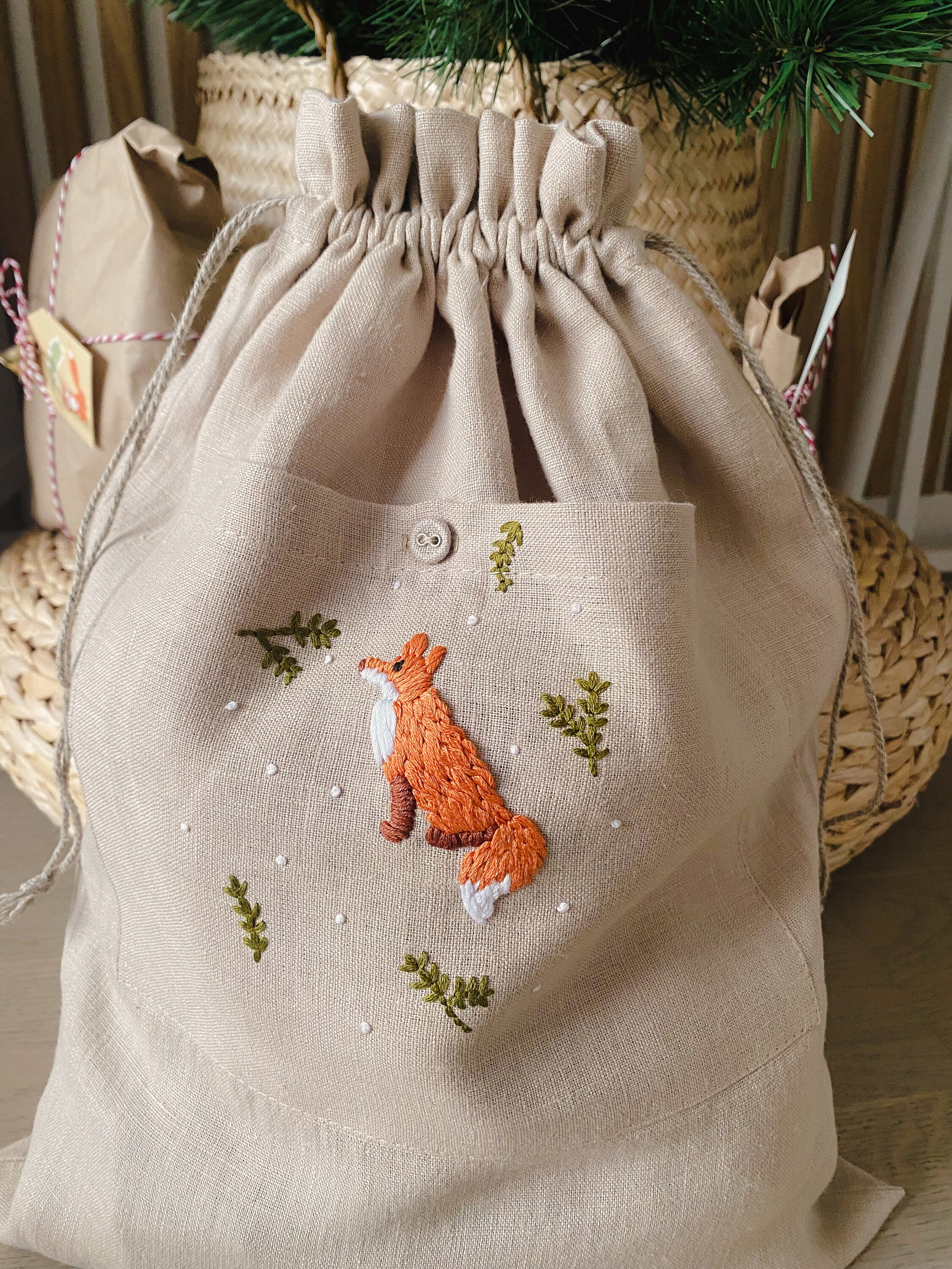 Hand Embroidered Linen Bag Fox Lover Gift Linen Storage Bag - Etsy