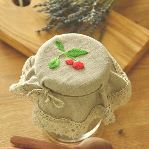 Linen Jar Cover With Embroidered Raspberry, Fabric Bowl Decoration ...