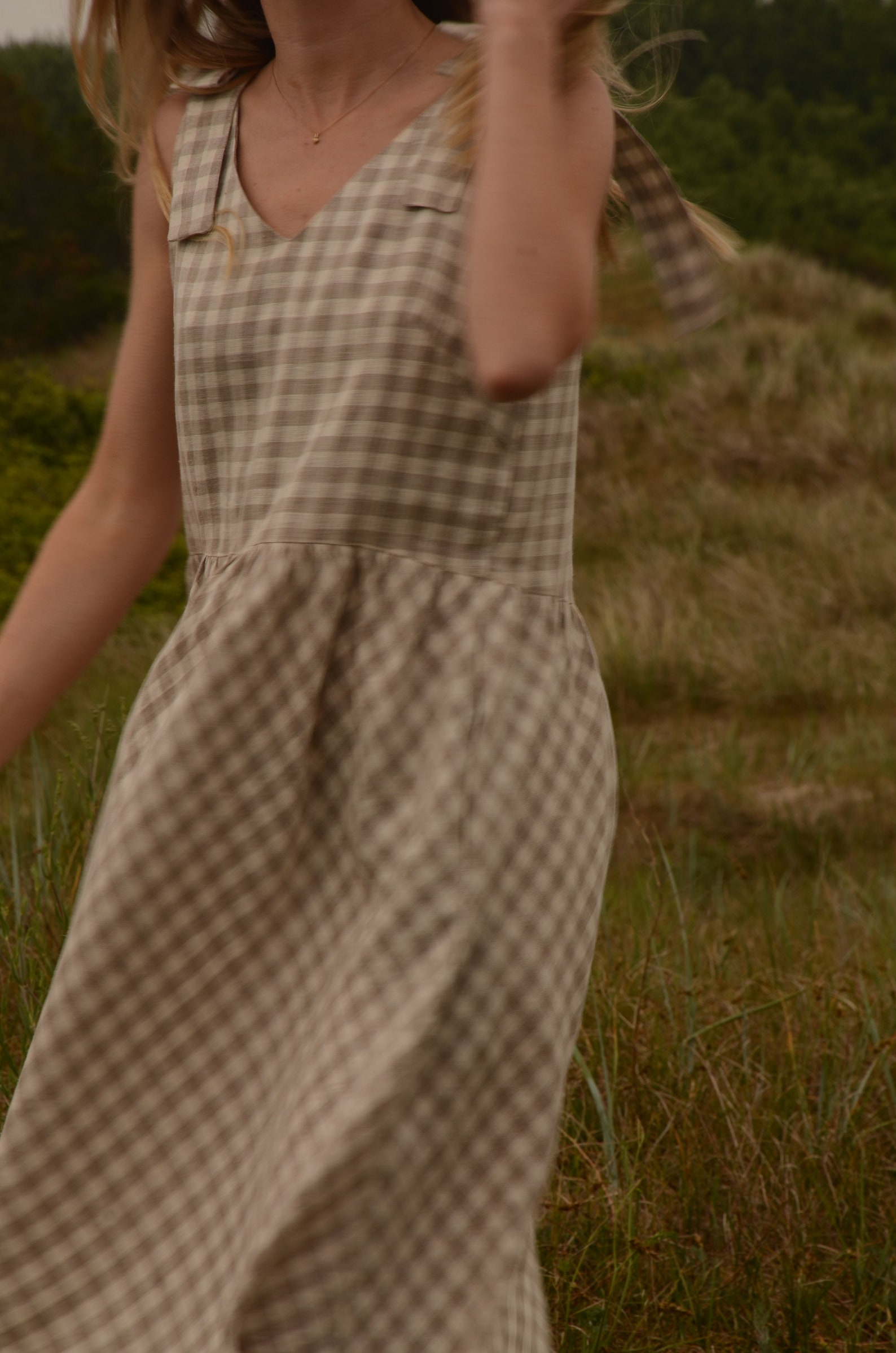 Checkered Linen Casual Women Dress With Pockets, Below the Knee Length ...