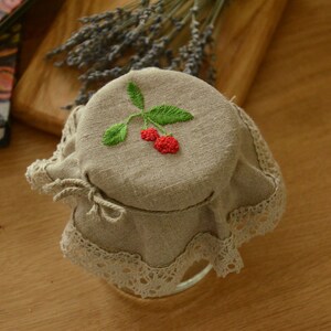 Linen Jar Cover With Embroidered Raspberry, Fabric Bowl Decoration ...
