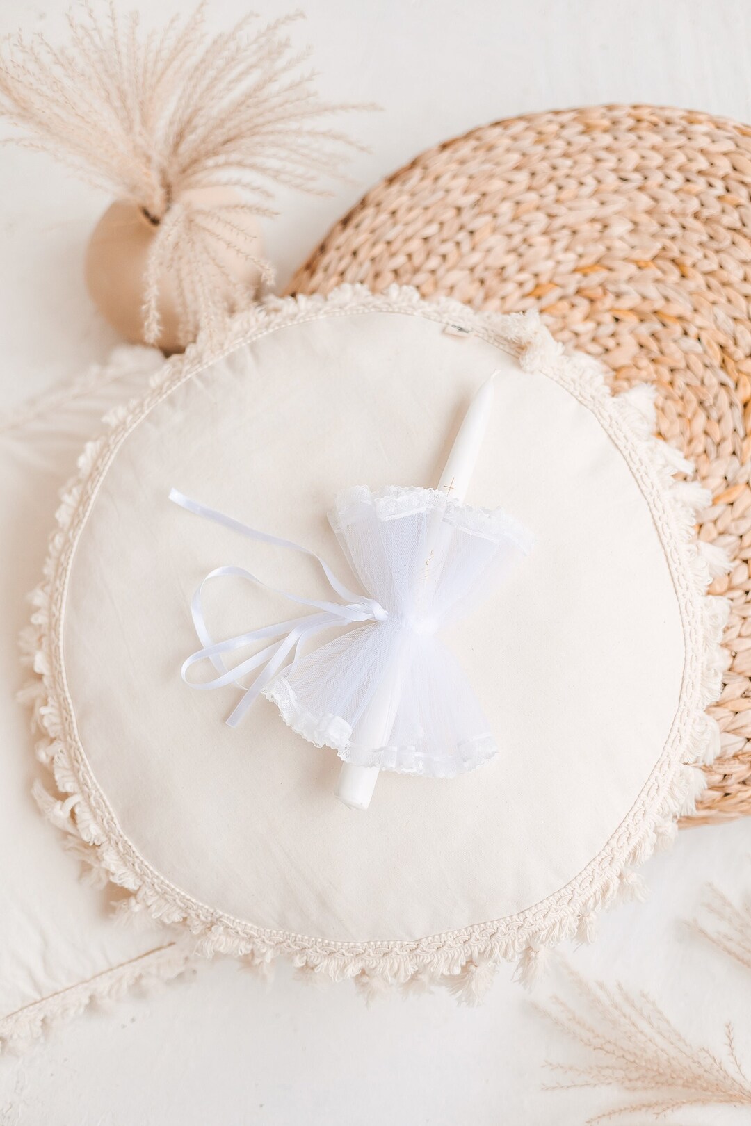 White Candle With Tulle Decoration, Baptism Taper Fire-stick With ...
