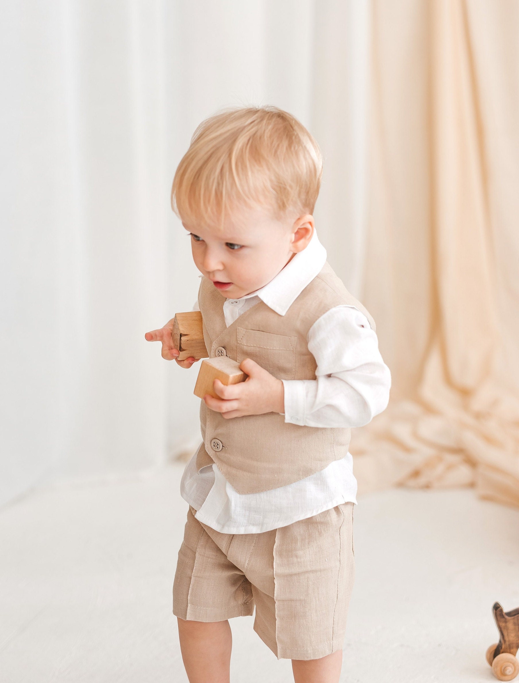 Linen Button Down Vest for Little Boys, Toddler Grey Vest With Pocket ...